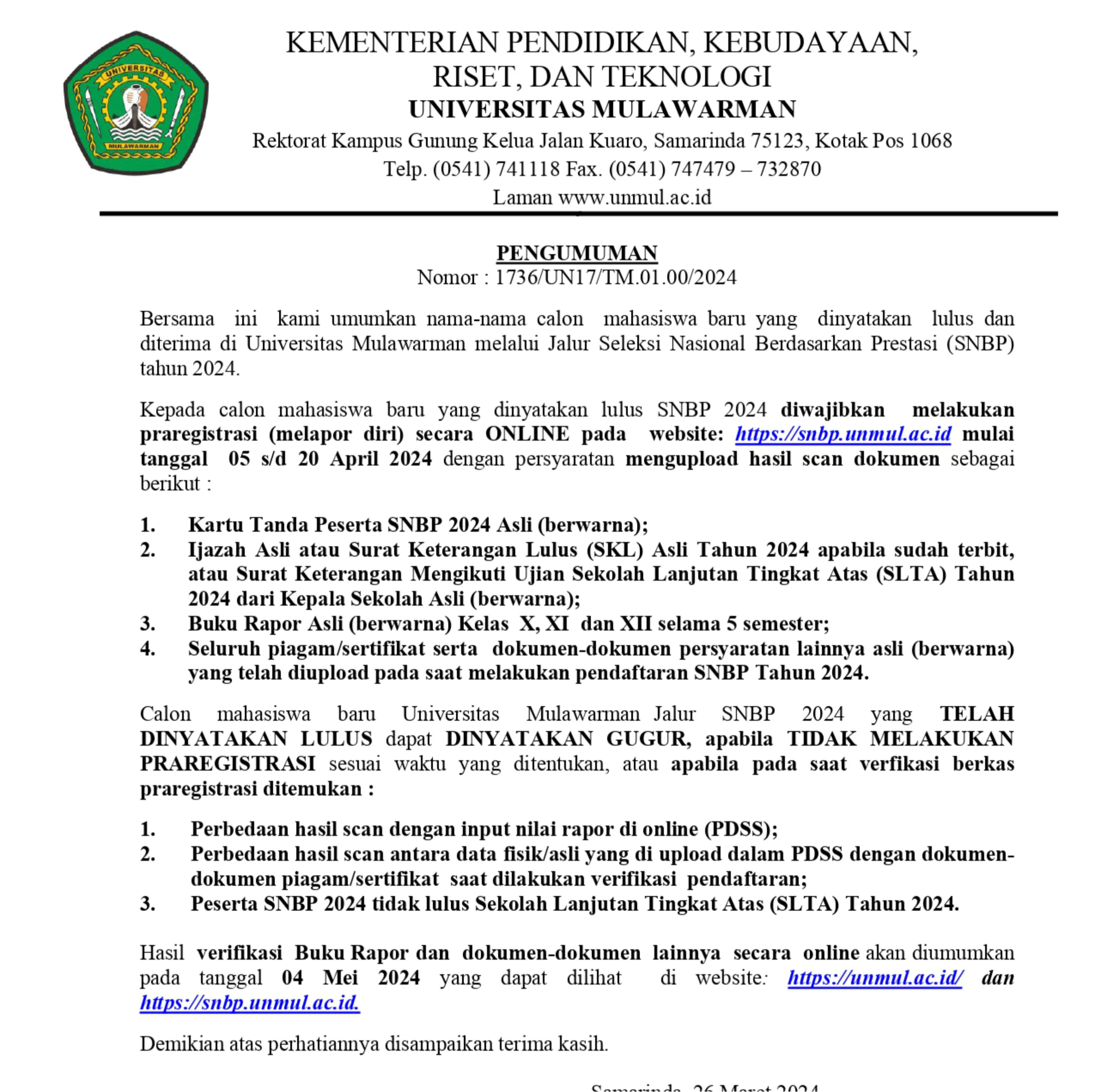PENGUMUMAN LULUS DAN LAPOR DIRI MAHASISWAS BARU SNBP 2024 | Universitas ...